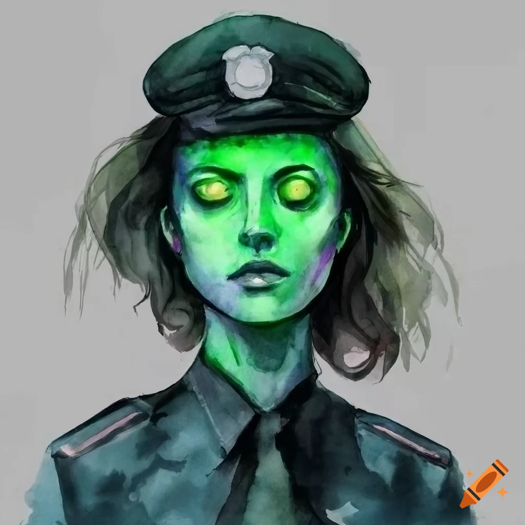 Woman with glowing green eyes in dark green police uniform on Craiyon