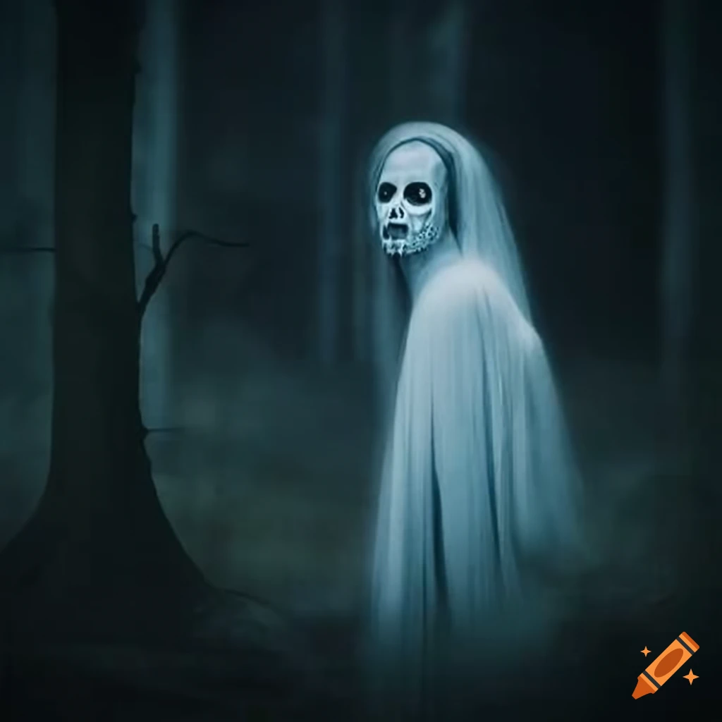 Spooky white ghost woman near a chapel in the dark woods on Craiyon
