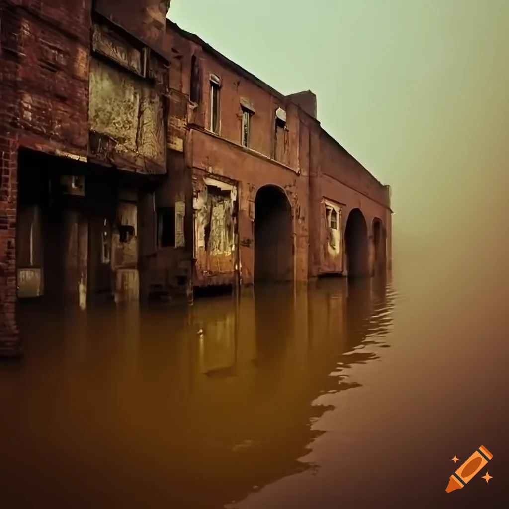 Close-up of destroyed boxes and tires in flooded industrial rooftop ...