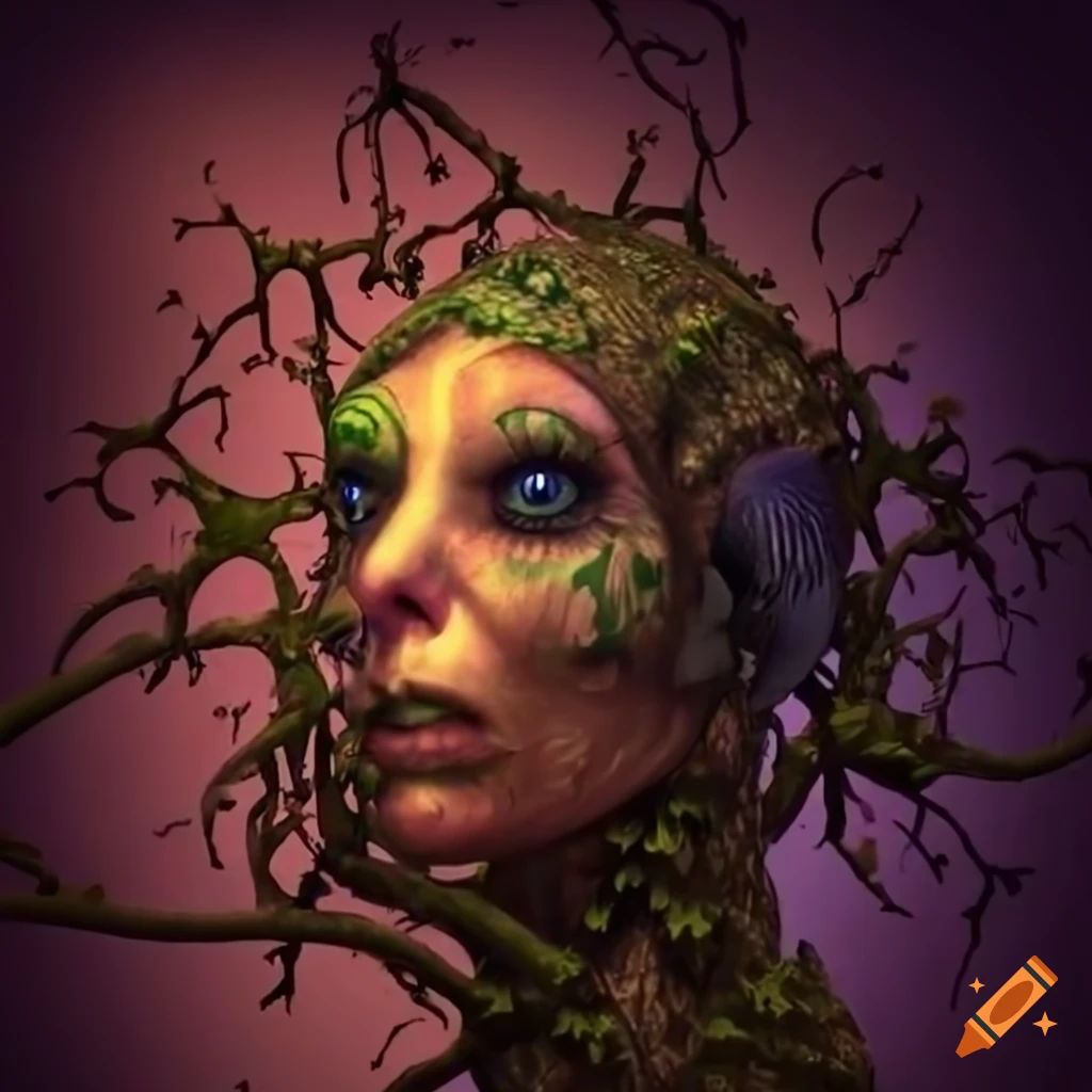 Fantasy scene with flowers, birds, snakeskin trees, ivy vines, and ...