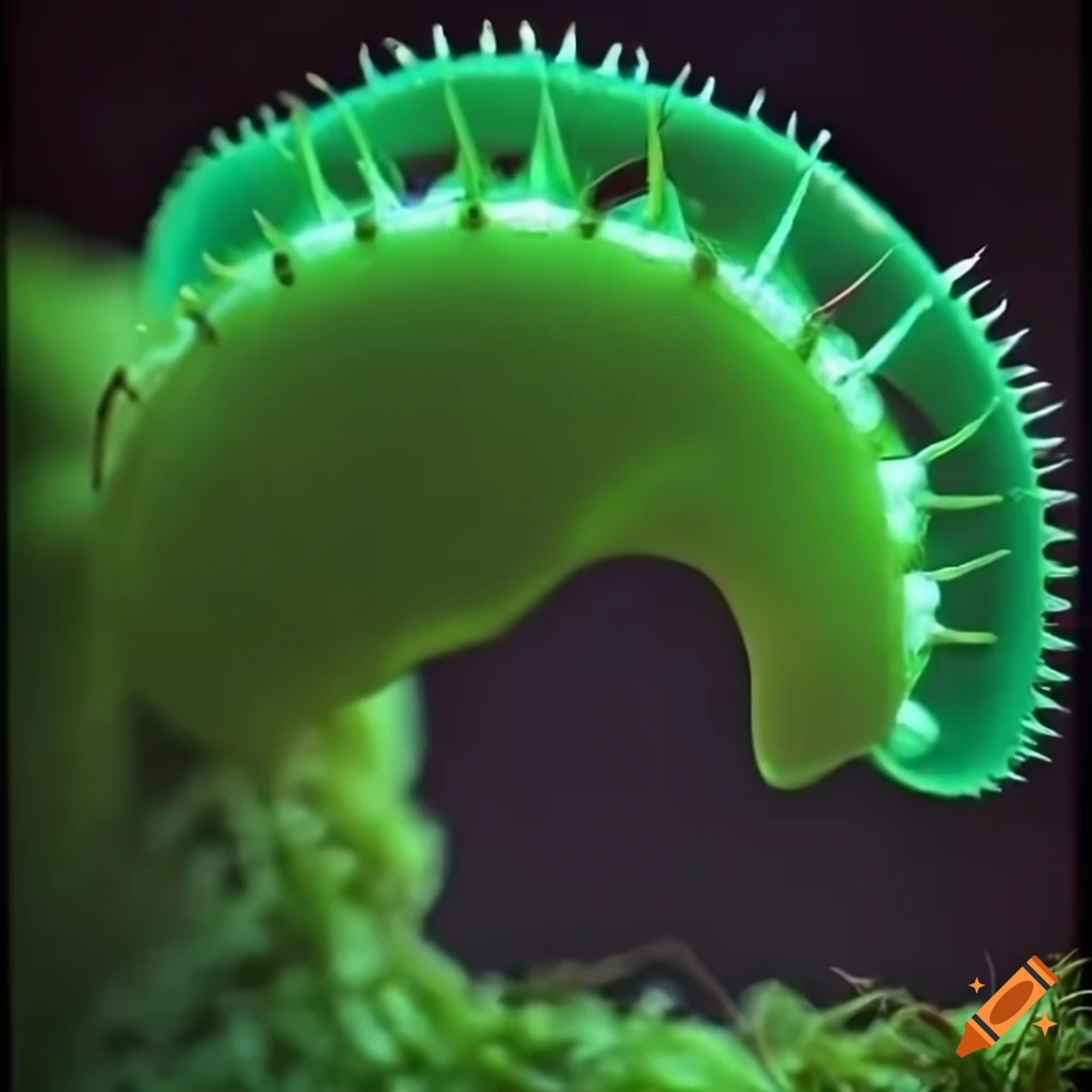 Glowing biopunk Venus flytrap creature in a moss-covered cityscape on Craiyon