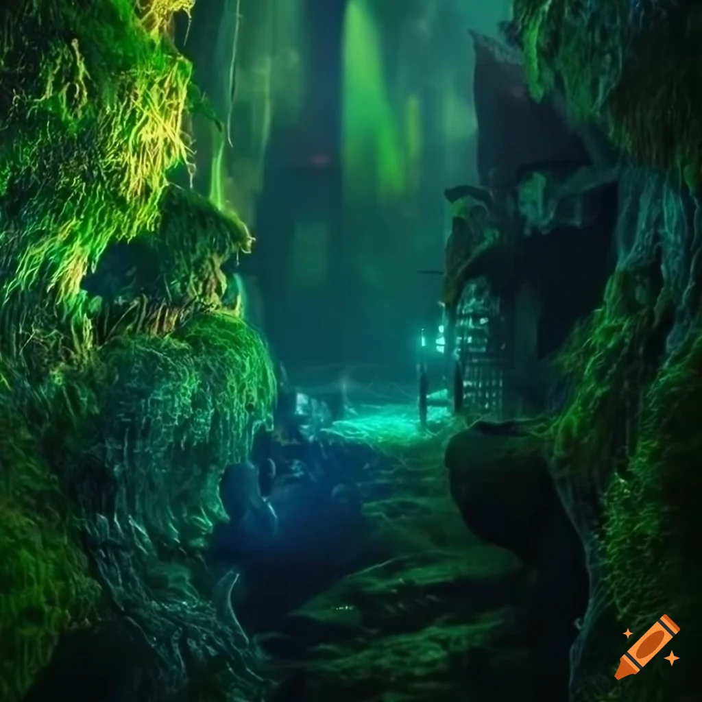 Biopunk cityscape with green moss, plants, mushrooms, and mythical ...