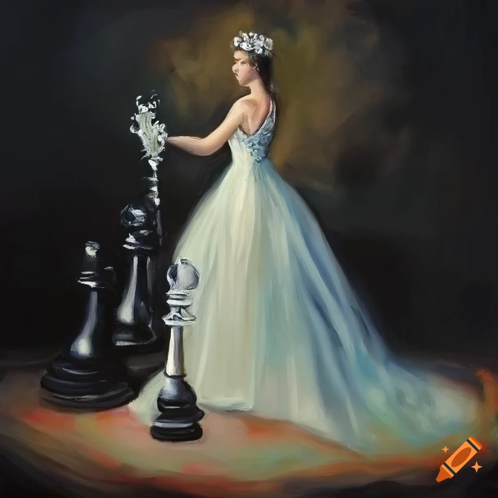 Impressionist painting of white gown, chess pieces, and diamond tiara ...