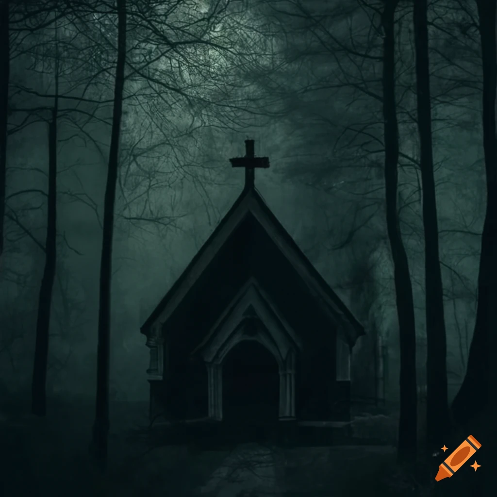 Spooky vintage chapel in the dark woods on Craiyon