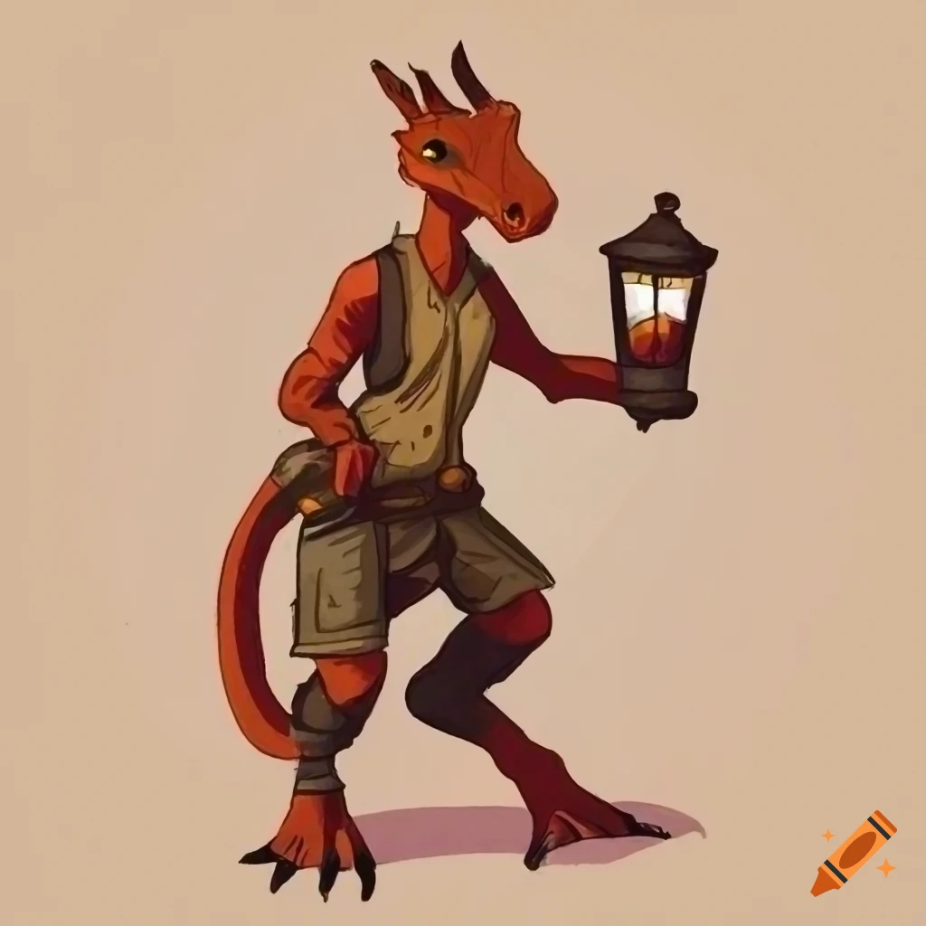 Copper-skinned kobold dressed as an archaeologist with a lantern in a ...