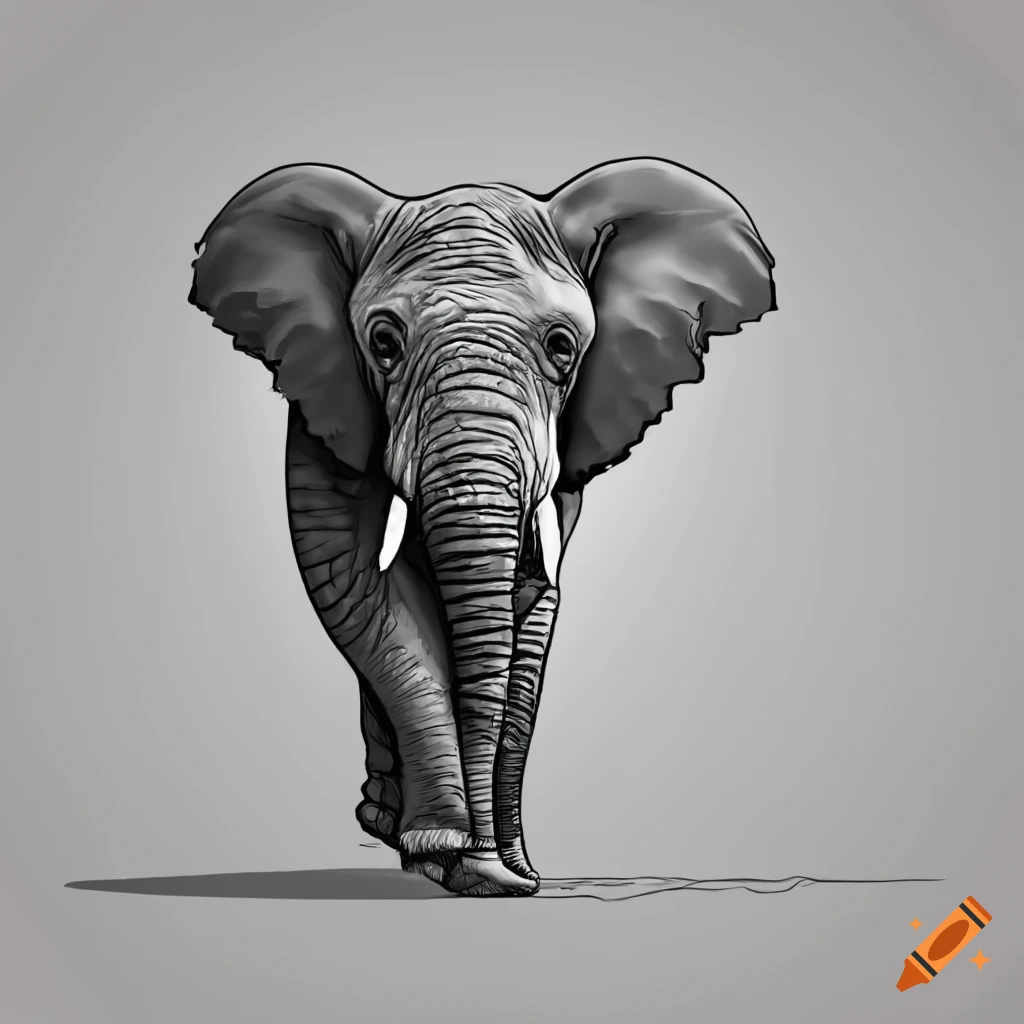 Detailed outline of an adult elephant facing forward with thick black ...