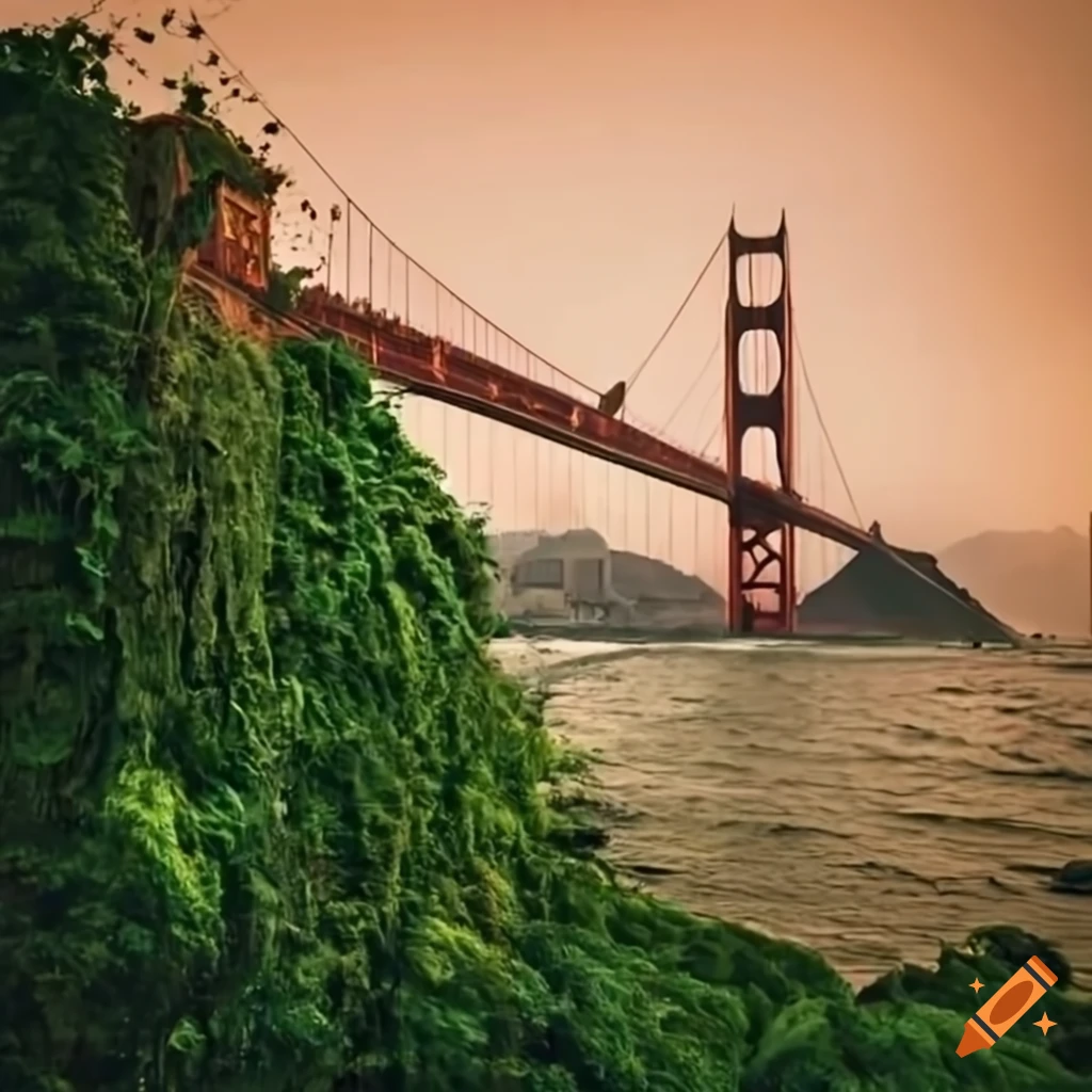 Post-apocalyptic golden gate bridge overgrown with plants on Craiyon