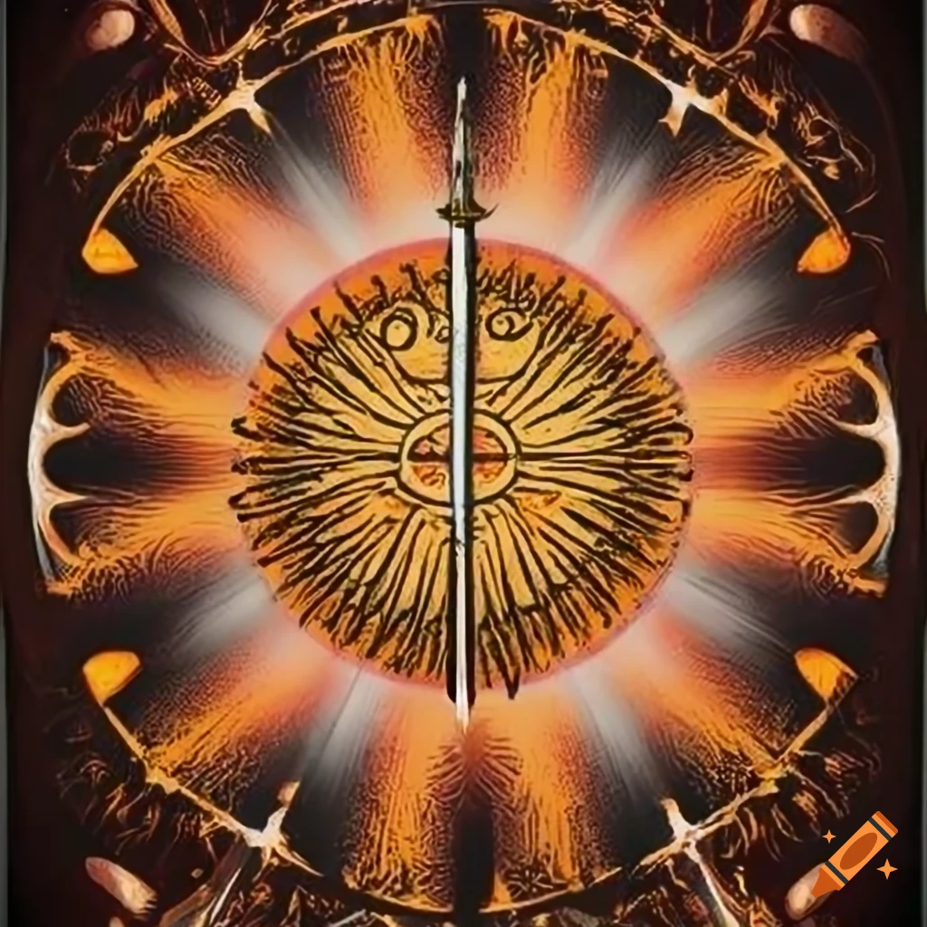 Tarot card style sunburst with sword piercing at an angle on Craiyon