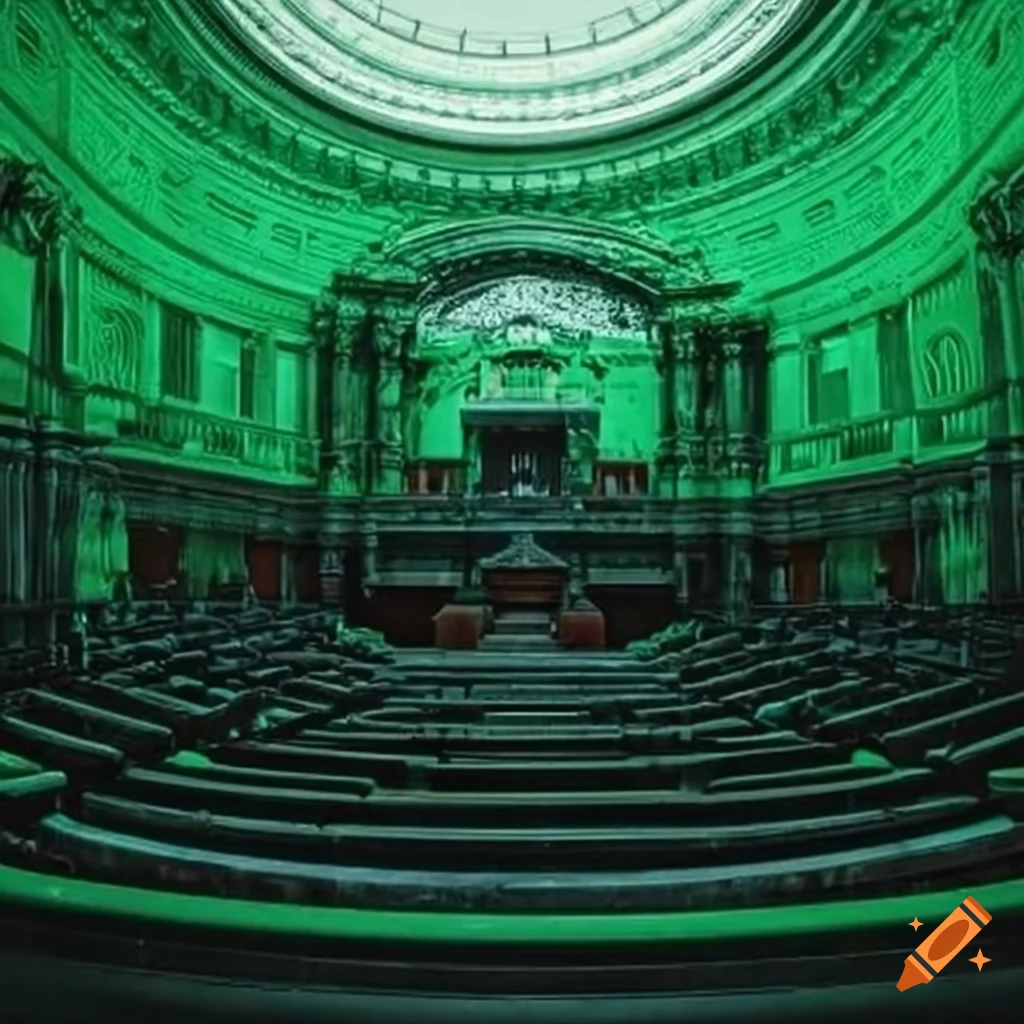 Green seats in a parliament setting on Craiyon