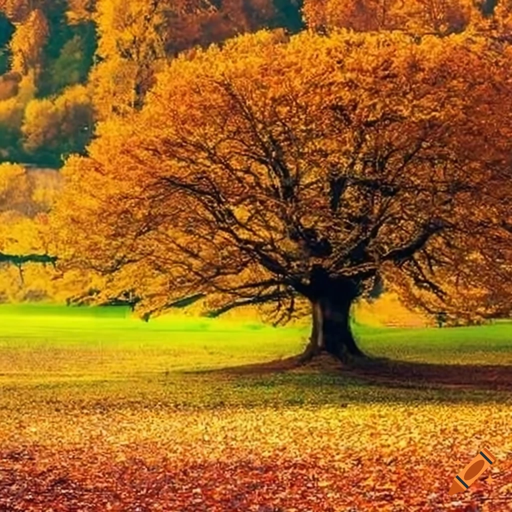 Stunning fall foliage landscape with a hazelnut tree in the countryside ...