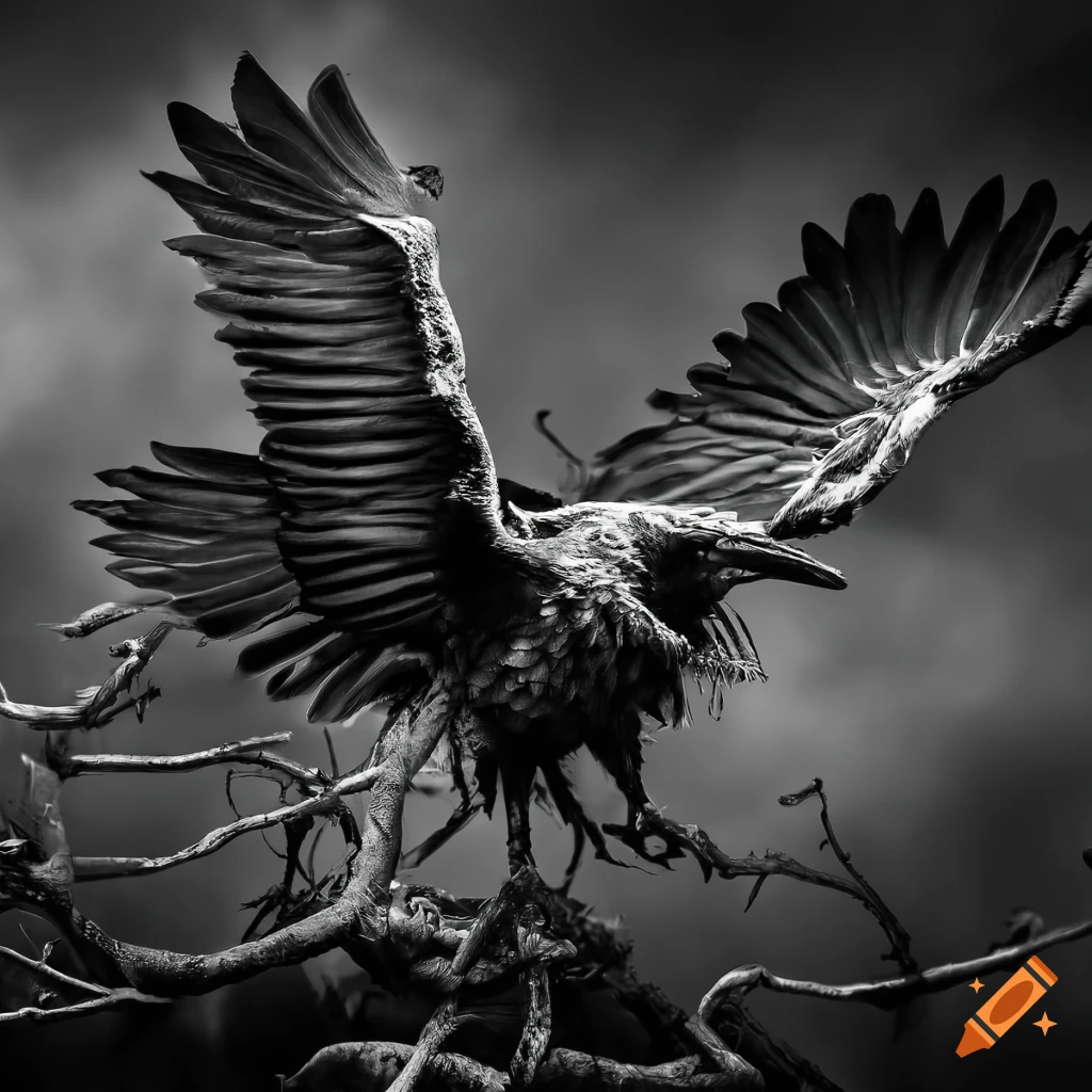 Bio mechanical raven made from roots, vines, and torn fabric in flight ...