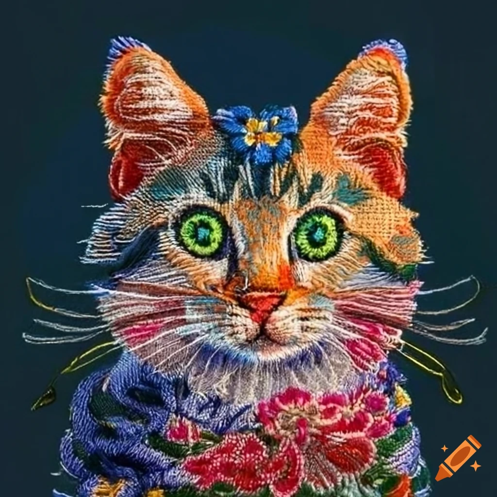 Colorful embroidery of cats in chinese flower pattern on Craiyon