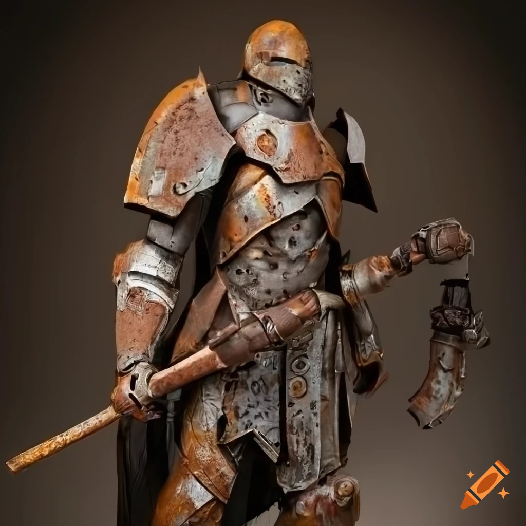 Warforged paladin in rusted scrap armor and chainmail on Craiyon