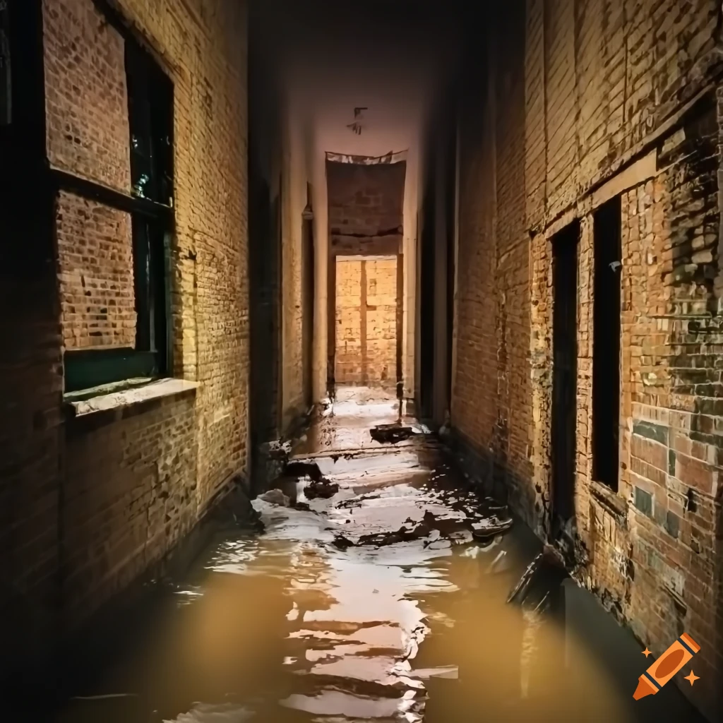 Close view of flooded corridor leading to sinking abandoned buildings ...