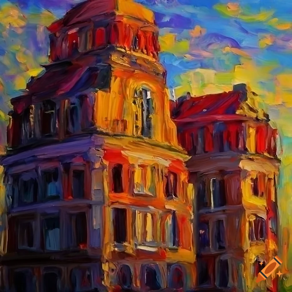 Impressionist style painting of a building in acrylic on Craiyon