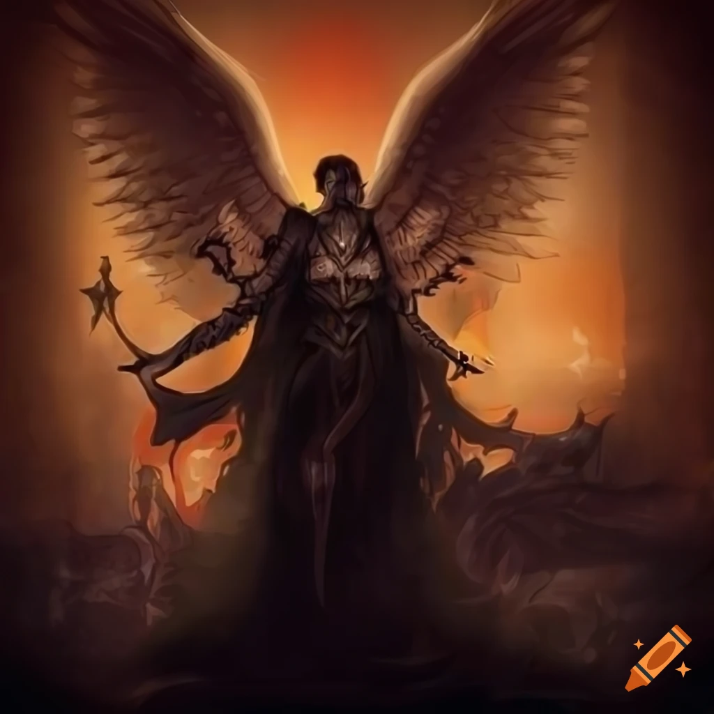 Illustration of Satanael facing off against a divine being in a gothic ...