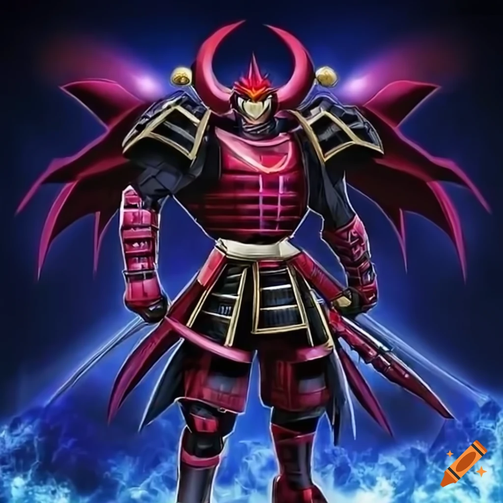 Powerful samurai in dark red armor from yu-gi-oh art on Craiyon