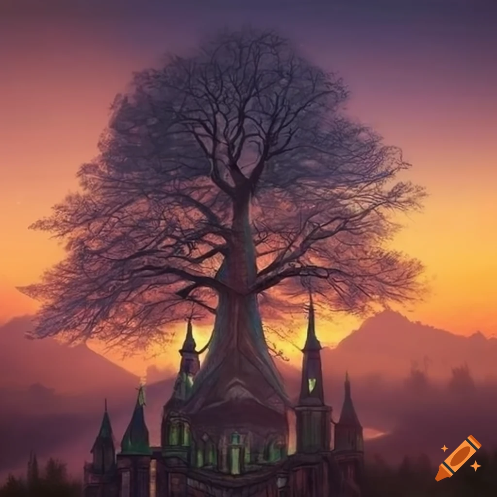 Elven city around a big tree in the forest during sunset on Craiyon
