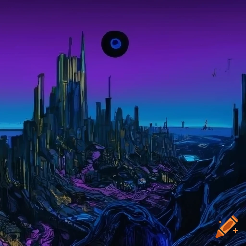 Cyberpunk landscape in moebius style on Craiyon