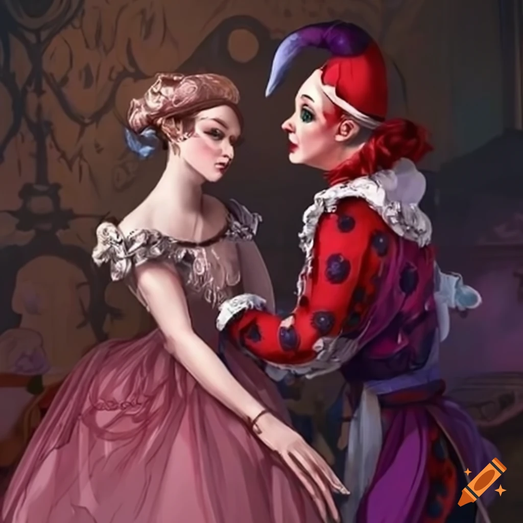 Princess and harlequin in an enemy to lovers relationship on Craiyon