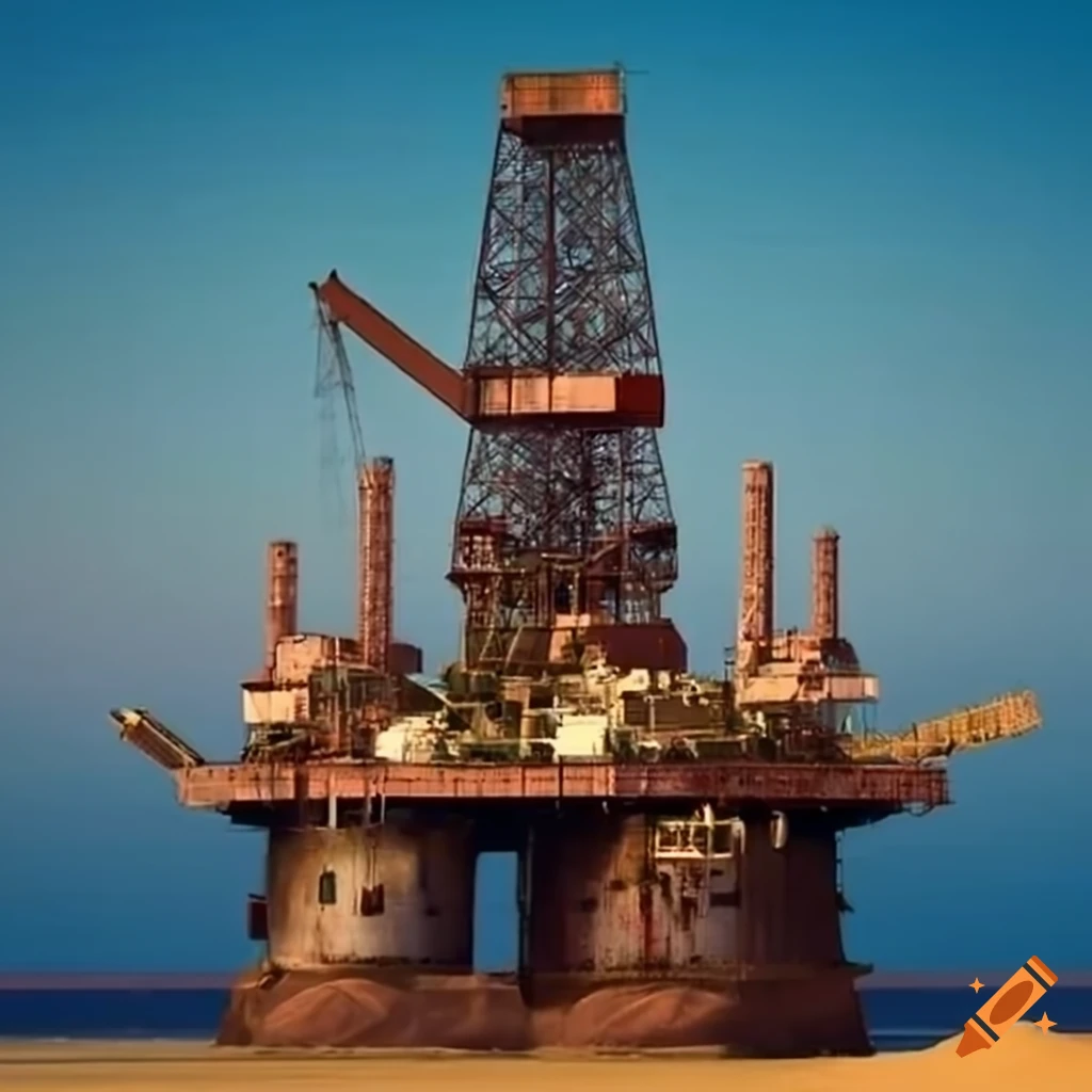 Unique tower with caravans, trains, and planes in a desert oil rig ...