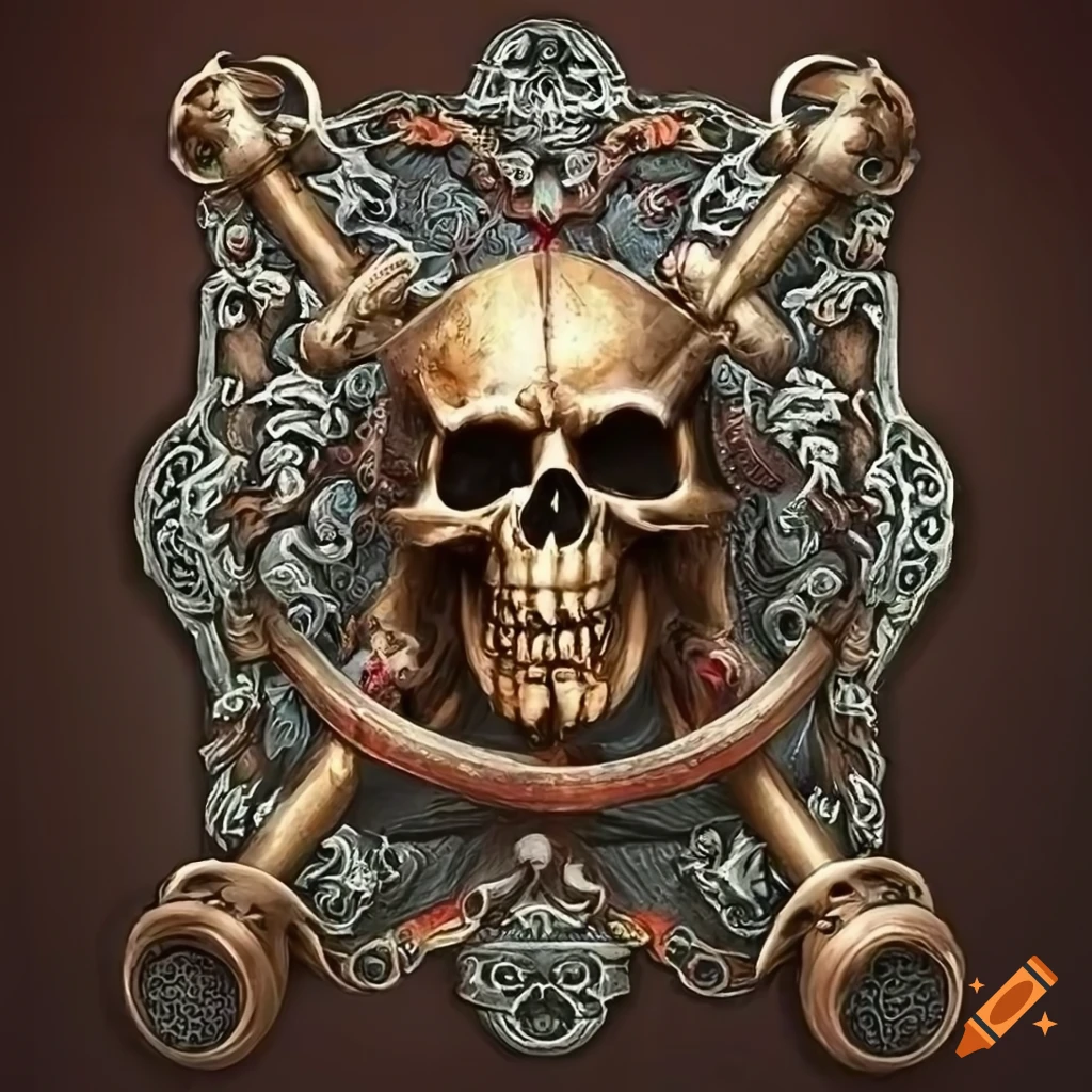 Pirate with ornate shield, pirate skull, and nautical symbols on Craiyon
