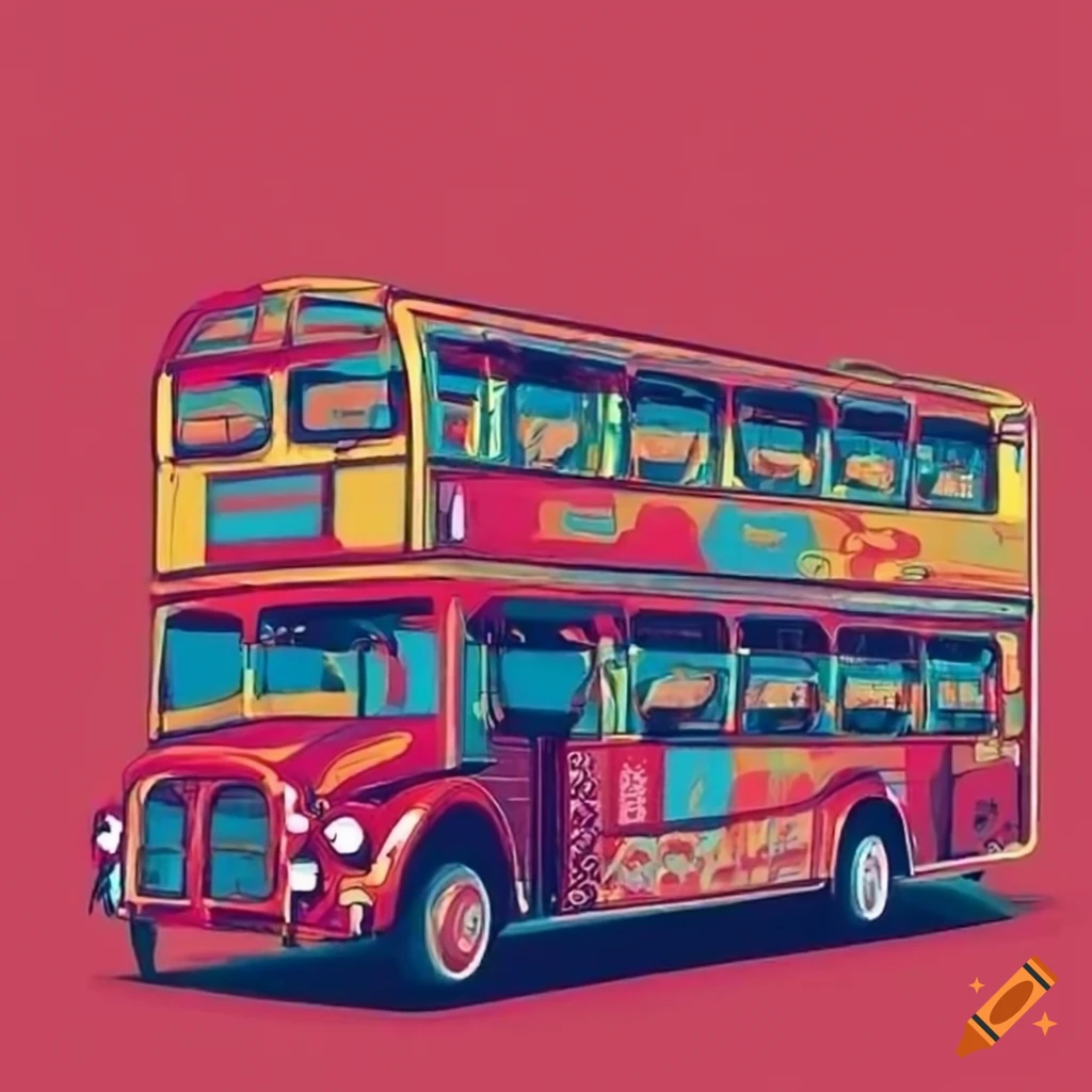 Red double decker open-roof sightseeing bus in pop art style on Craiyon