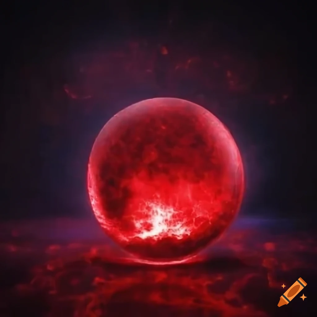 Ethereal red figure with floating orb and particles on Craiyon