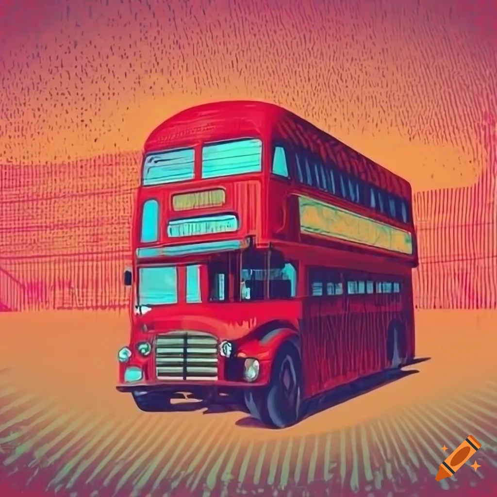 Red double decker bus in downtown Raleigh with skyline in retro pop art ...