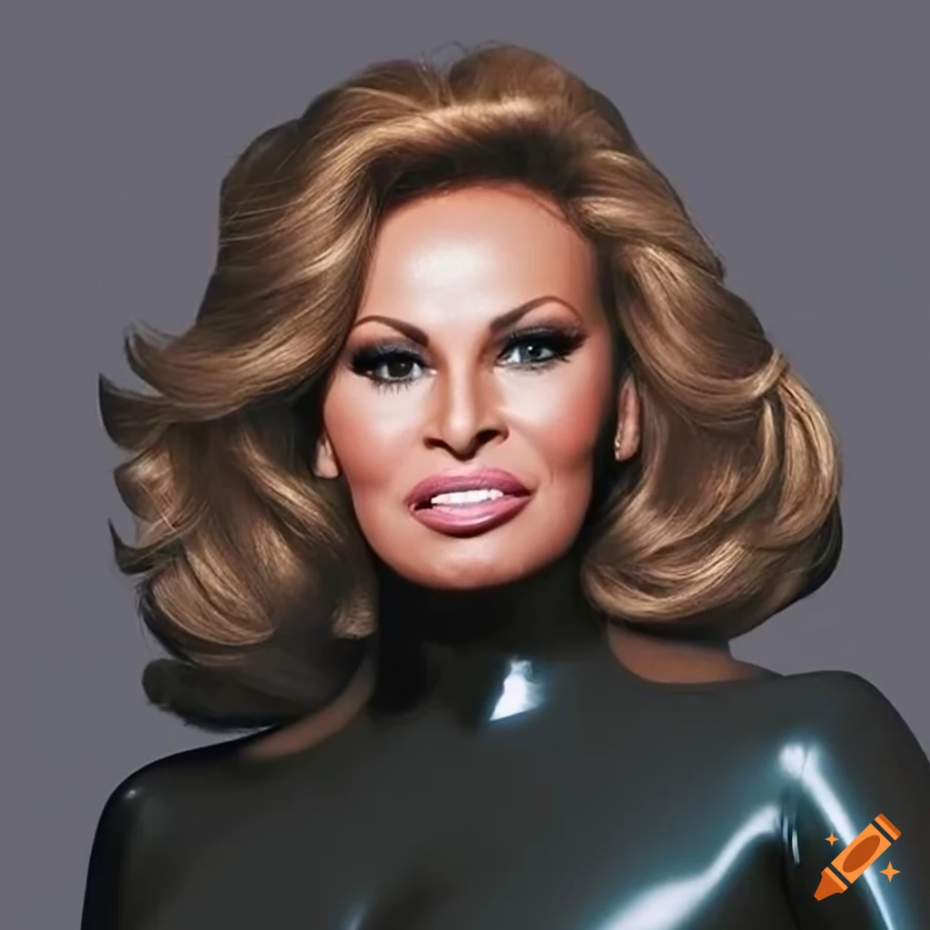 Detailed portrait of Raquel Welch with a black latex top in hyper-realistic style on Craiyon