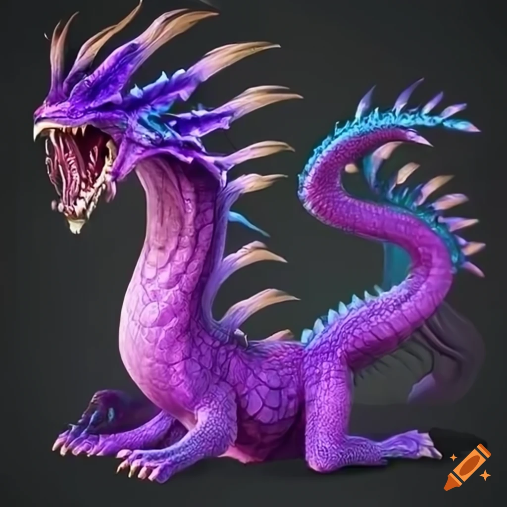 Mythical purple hydra creature with five heads on Craiyon