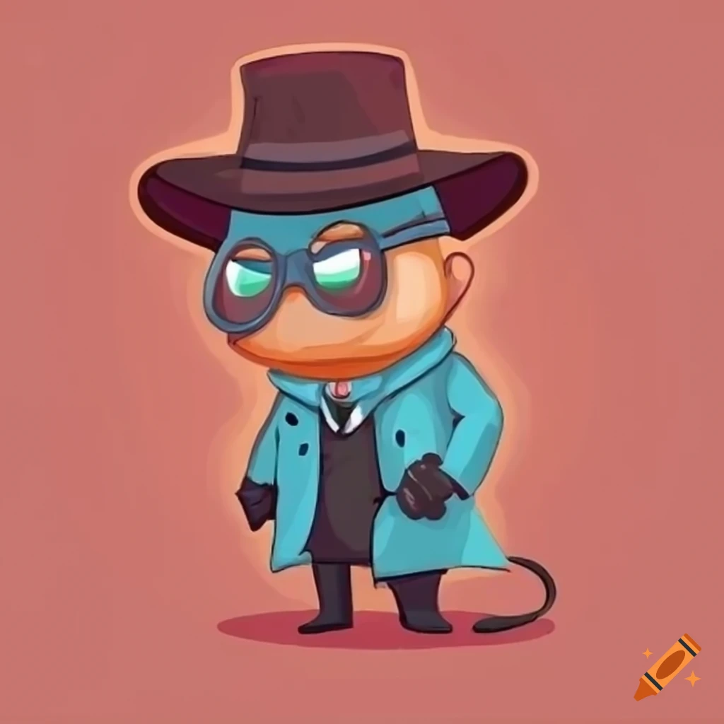 Cute spy character in trench coat and fedora on Craiyon