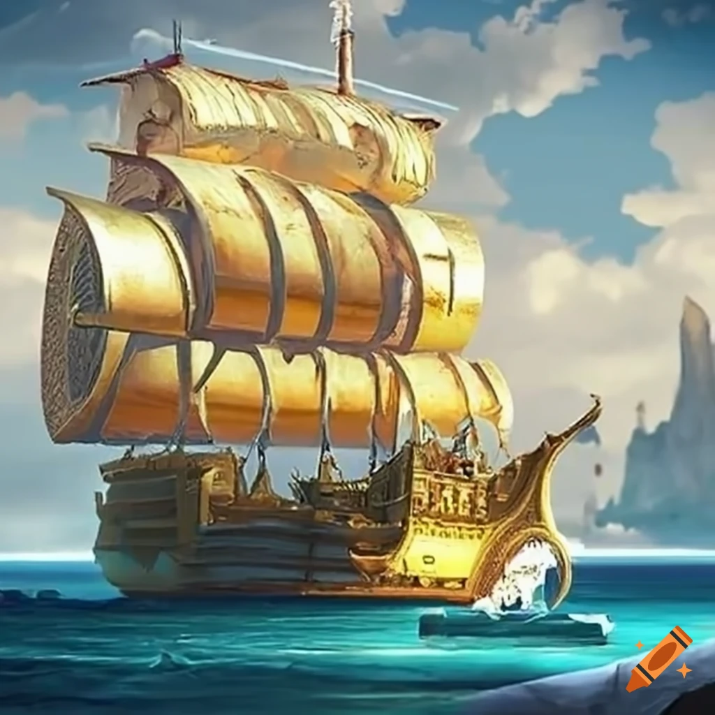 Gran barco de oro en un mundo de fantasía on Craiyon