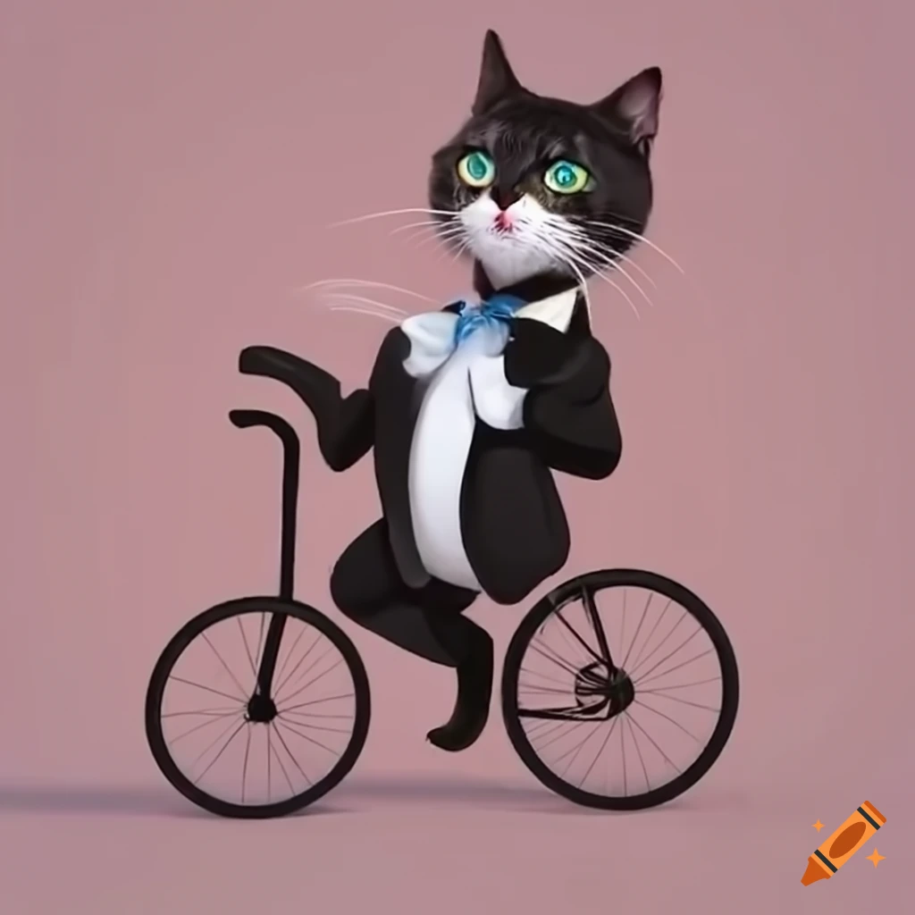 Cat in tuxedo riding a unicycle on Craiyon
