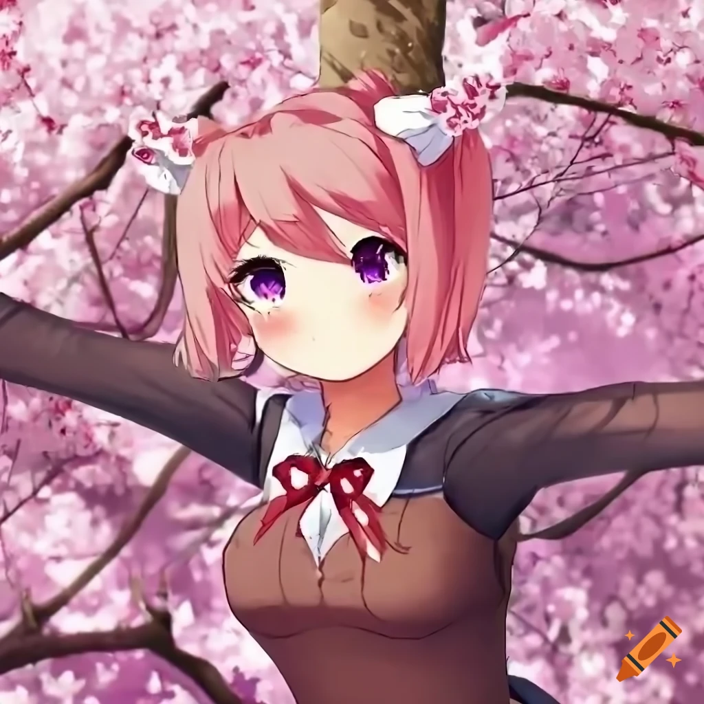 Playful Natsuki hanging upside down in a tree with pink hair and thigh ...