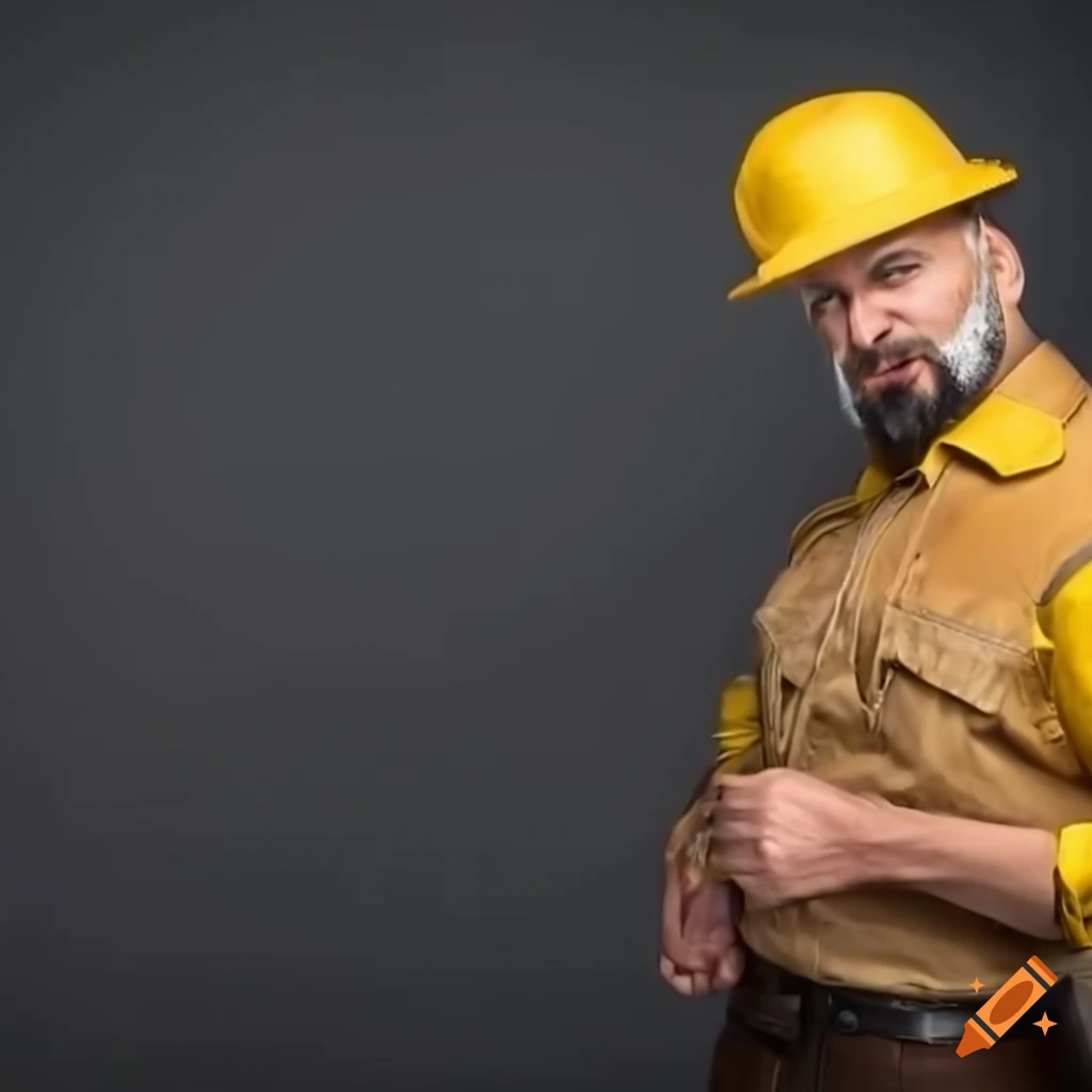 Mature man with a leather visor cap, yellow shirt, and grey apron on ...