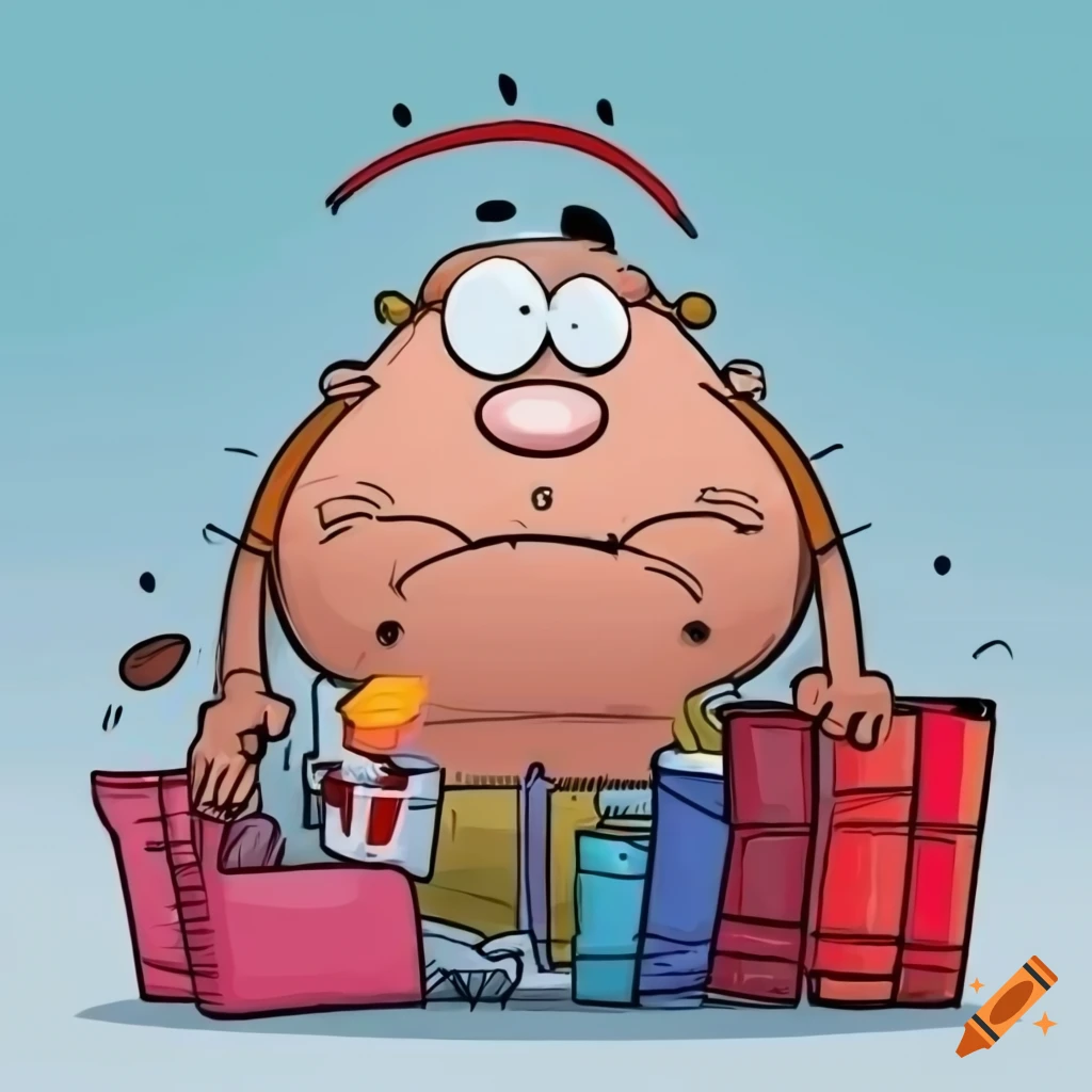 Colorful cartoon of a man stuck amidst bulging cupboards on Craiyon