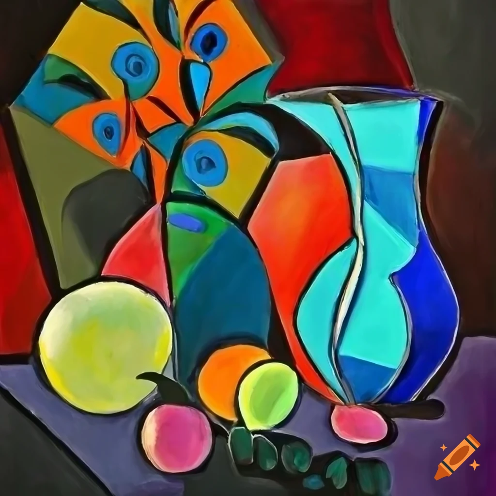 Colorful cubism picasso style still life with fruits and flowers on Craiyon