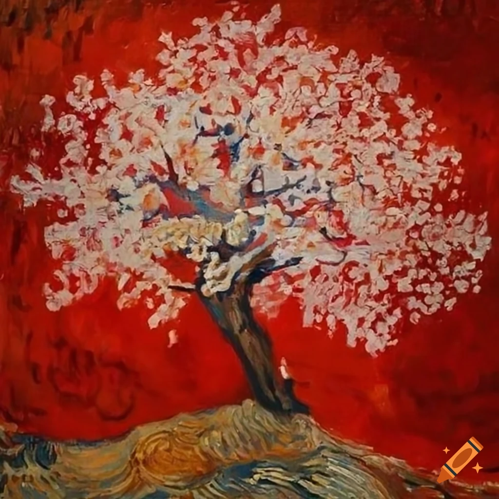 Van gogh's almond tree painting with red background focusing on the ...