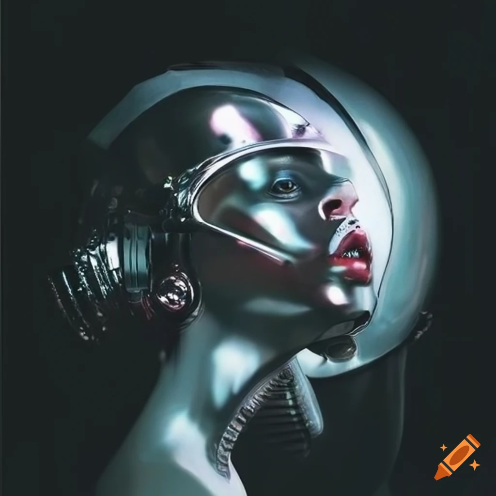 Futuristic chrome abstract creature in astronaut helmet from 1960s ...