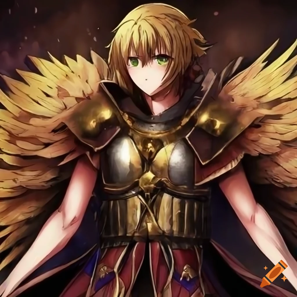 Anime angel king in roman armor with unique hairstyle and starry eyes ...