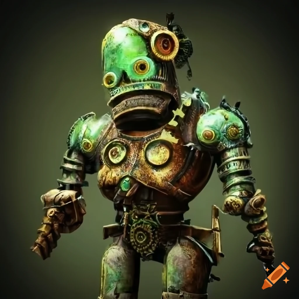 Steampunk viking robot with an axe over the sea on Craiyon