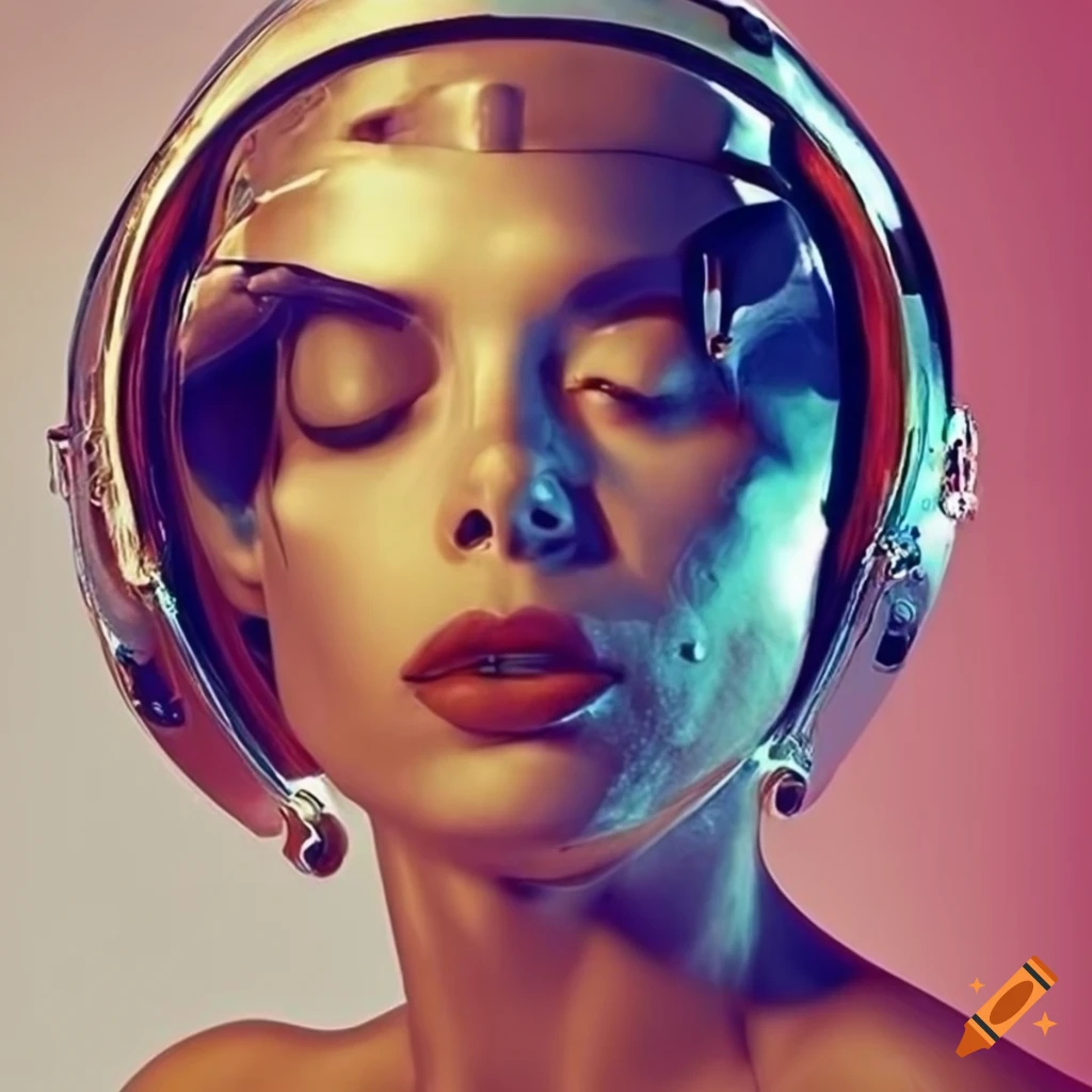 Futuristic chrome abstract creature woman in astronaut helmet, 1960s ...