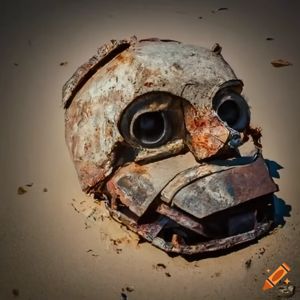Remnants of a destroyed robot head on a sandy beach on Craiyon