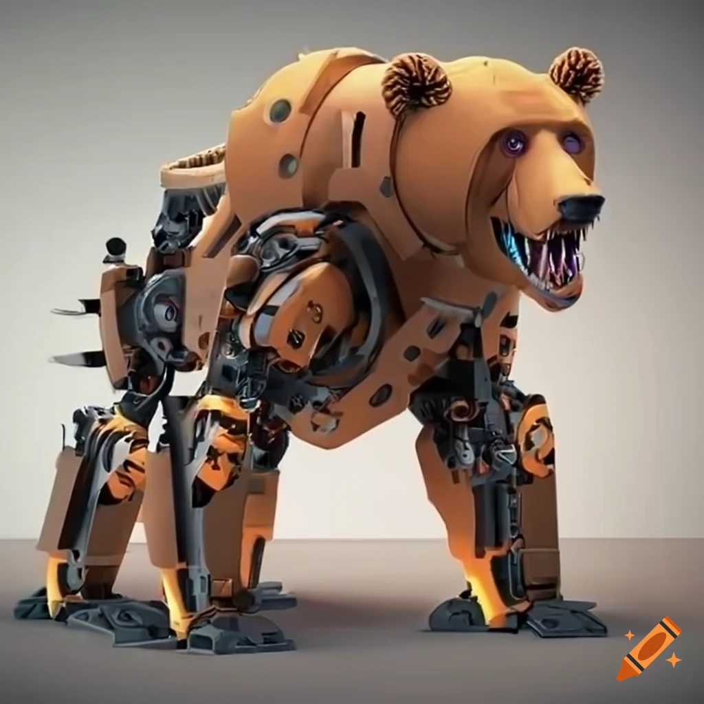 Mechanical robotic brown bear ready for battle on Craiyon