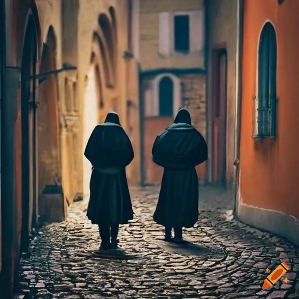 Benedictine monks walking down a cobblestone street in 18th century ...
