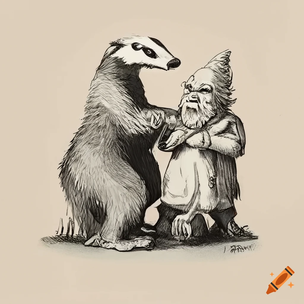 Black and white drawing of a humanoid badger and a gnome framed by a ...