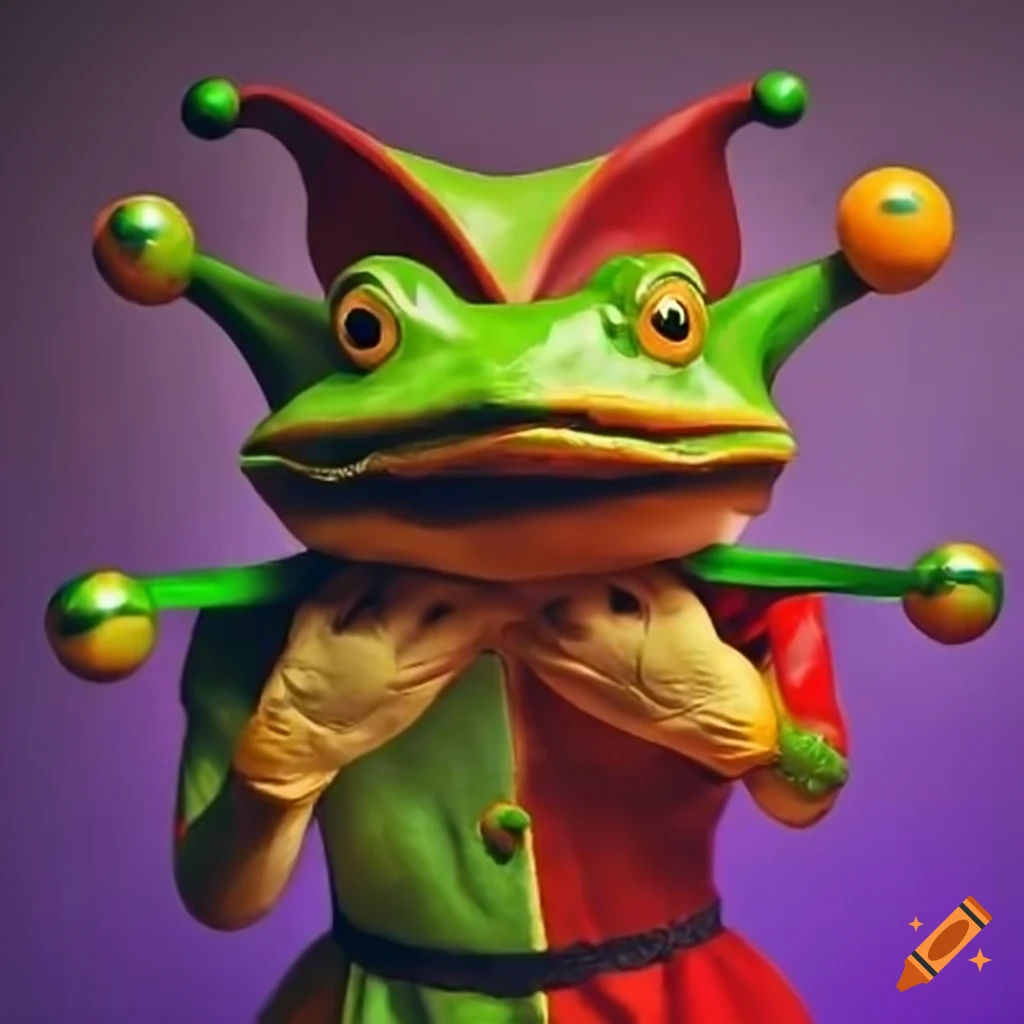 Jester frog juggling and holding a puppet on Craiyon