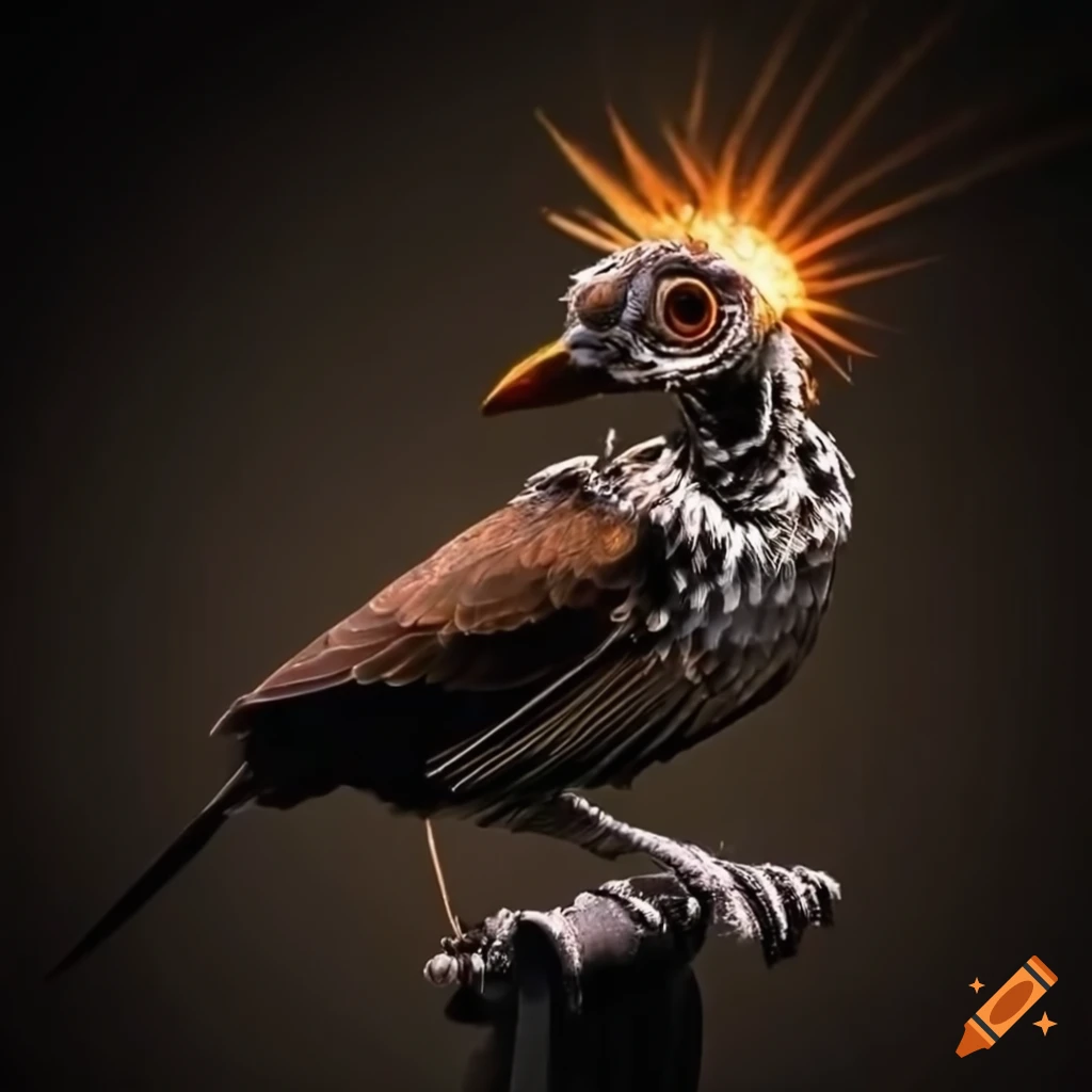 Mechanical bird with camera head perched on a power line on Craiyon