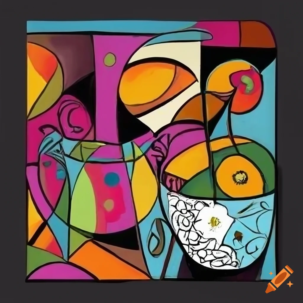Colorful cubism still life art with fruits and flowers in Picasso style ...